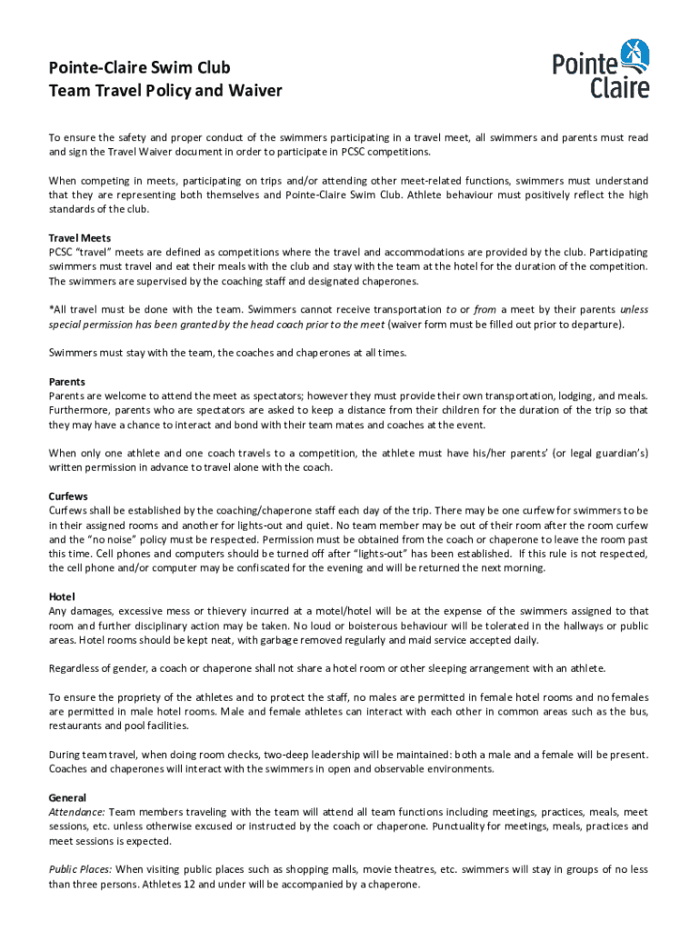 Fillable Online Pointe-claire Swim Club Team Travel Policy and Waiver Fax Email Print - pdfFiller