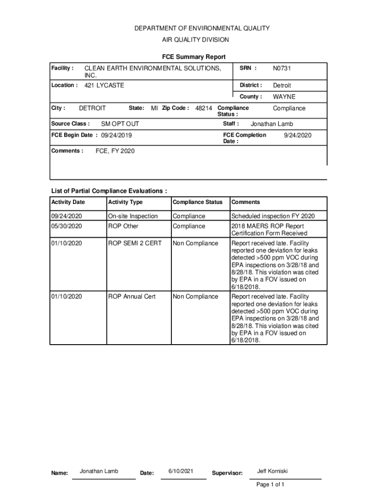 Fillable Online Fce Summary Report for Clean Earth Environmental ...