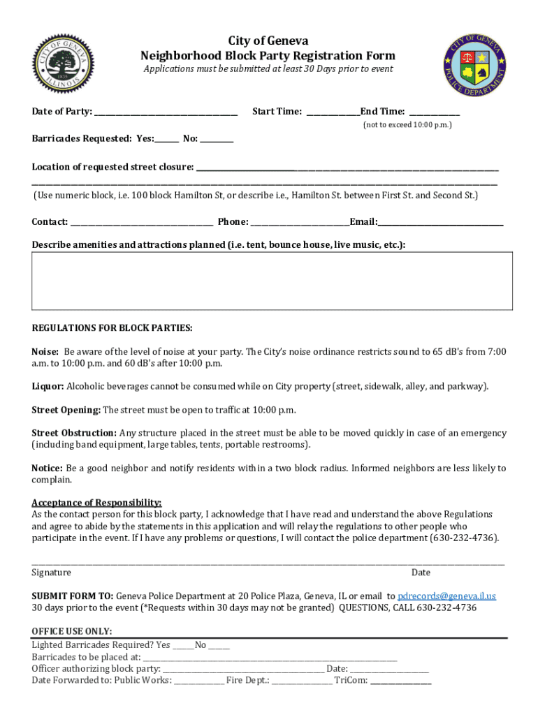 Fillable Online City of Geneva Neighborhood Block Party Registration ...
