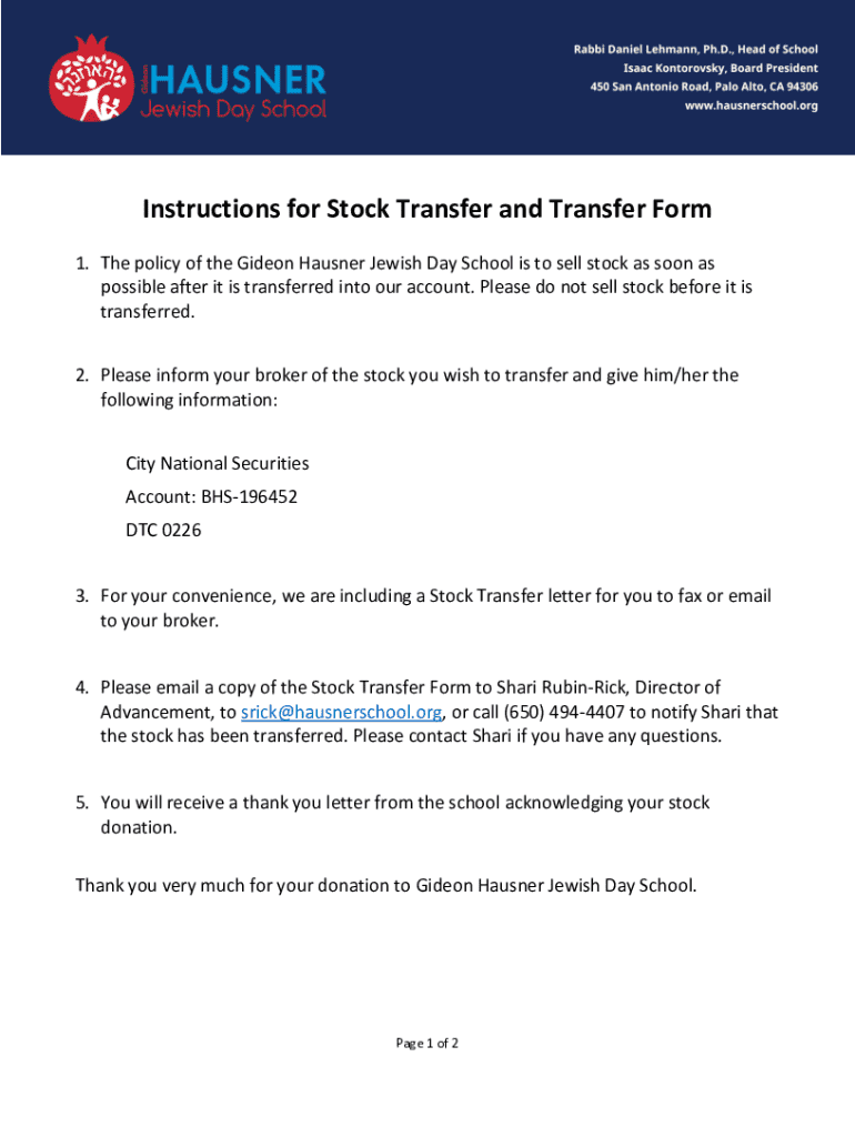 Fillable Online Instructions for Stock Transfer and Transfer Form Fax ...