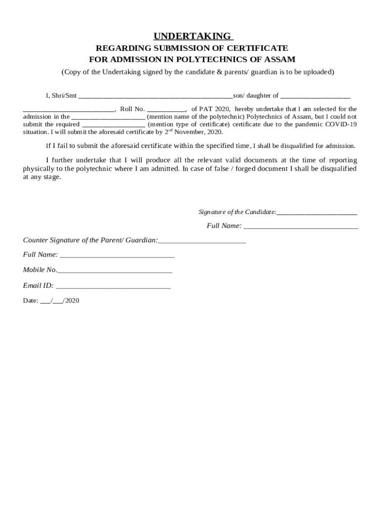Undertaking Document Submission - Baksa Polytechnic Doc Template | pdfFiller
