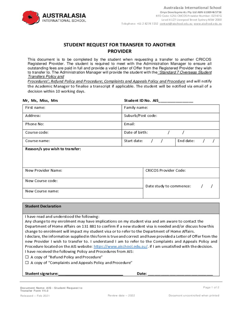 Fillable Online AIS-Student-Request-to-Transfer-Form- ... Fax Email ...