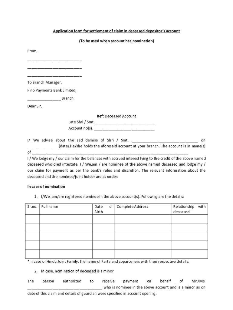 Fillable Online Application for Settlement of Claim in Deceased ...