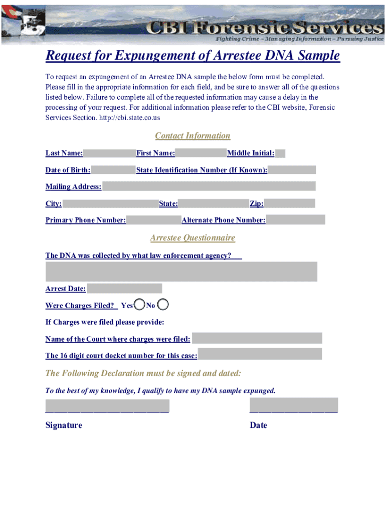 Fillable Online Arrestee Dna Sample Expungement Request Fax Email Print ...
