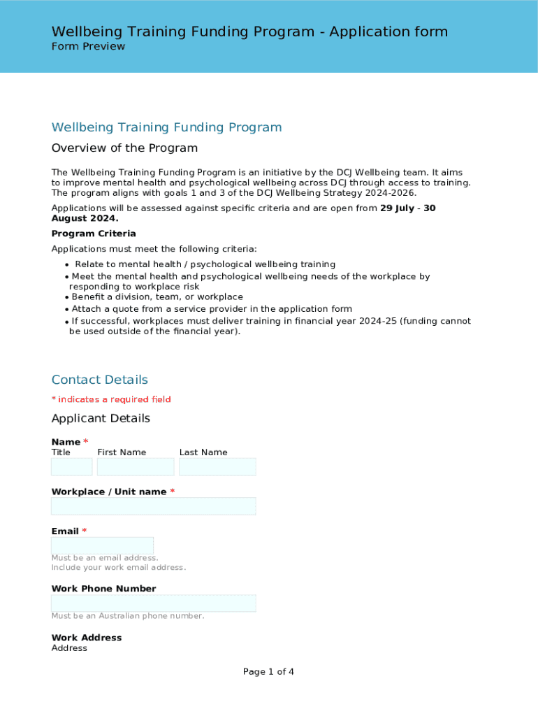 Fillable Online Wellbeing Training Funding Program - Application form ...
