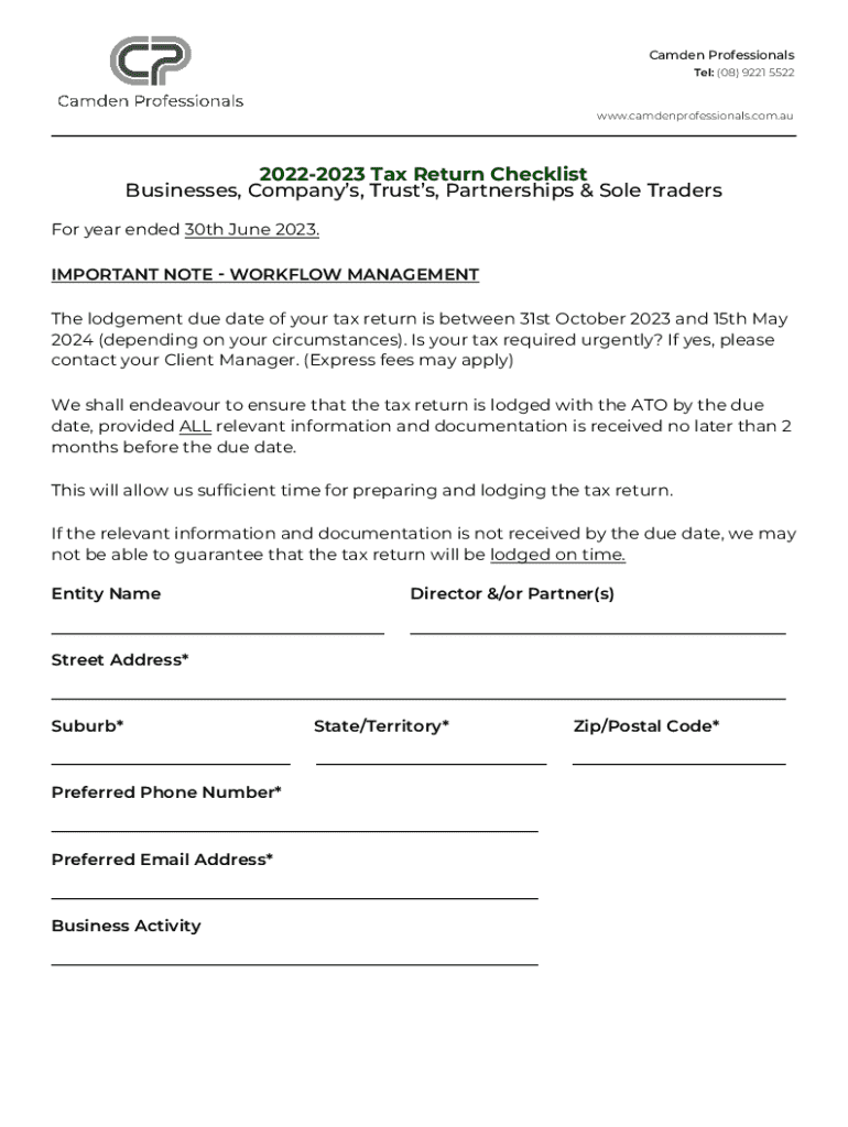 Fillable Online 2022-2023 Tax Return Checklist Businesses, Company\'s, Trust\'s ... Fax Email ...