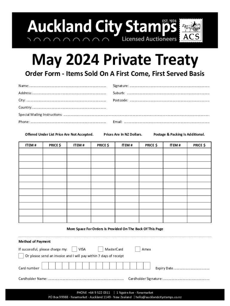 Fillable Online May 2024 Private Treaty Order Form - Items Sold on a ...
