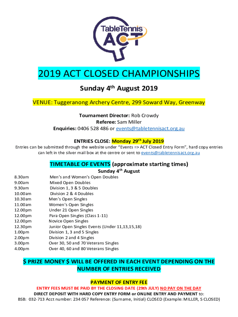 Fillable Online 2019 Act Closed Championships Fax Email Print - pdfFiller