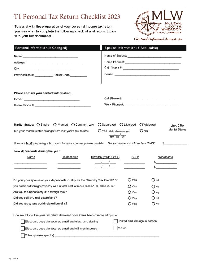 Fillable Online T1 Personal Tax Return Checklist - Mlwaccounting.ca Fax ...