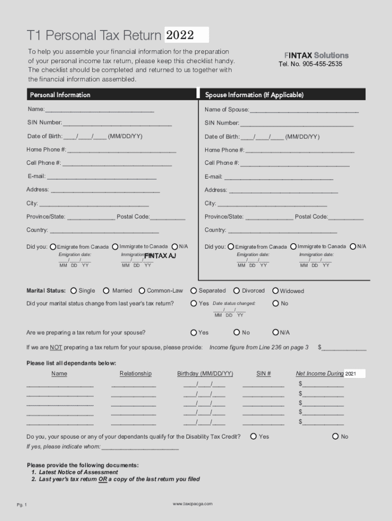 Fillable Online T1 Personal Tax Return Checklist - Fintax Solutions Fax ...
