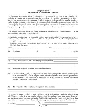 Fillable Online Discrimination, Harassment or Retaliation Complaint Form Fax Email Print - pdfFiller