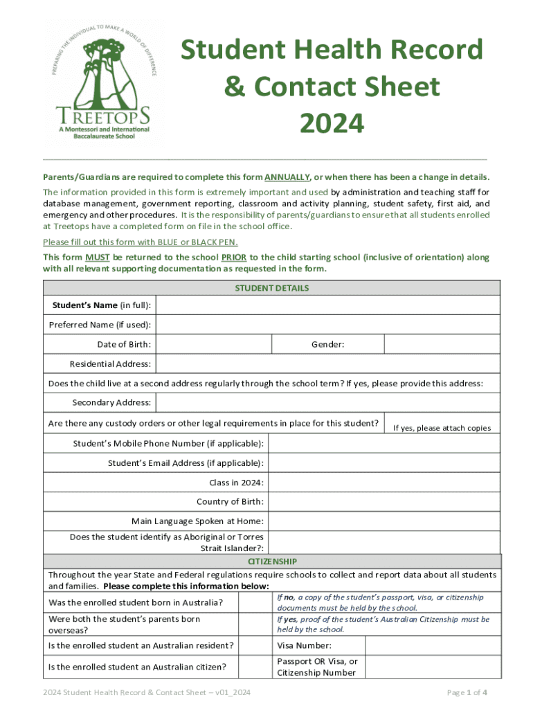 Fillable Online Student Health Record & Contact Sheet 2024 - Treetops ...