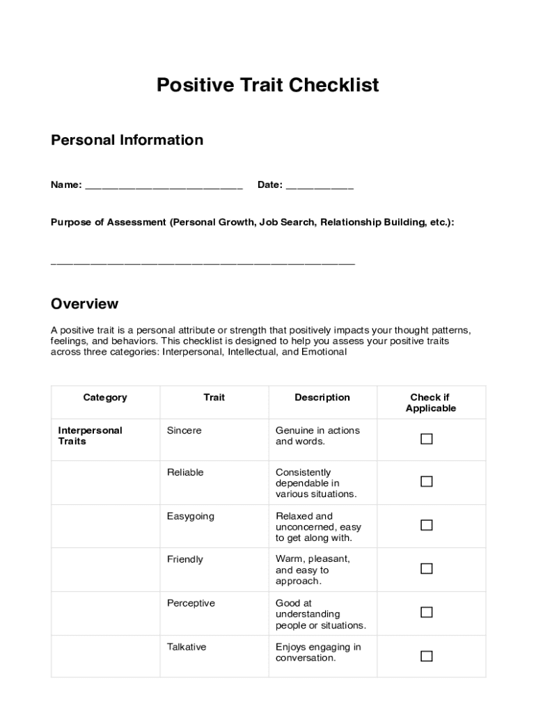 Fillable Online Assessment of Positive Traits Fax Email Print - pdfFiller