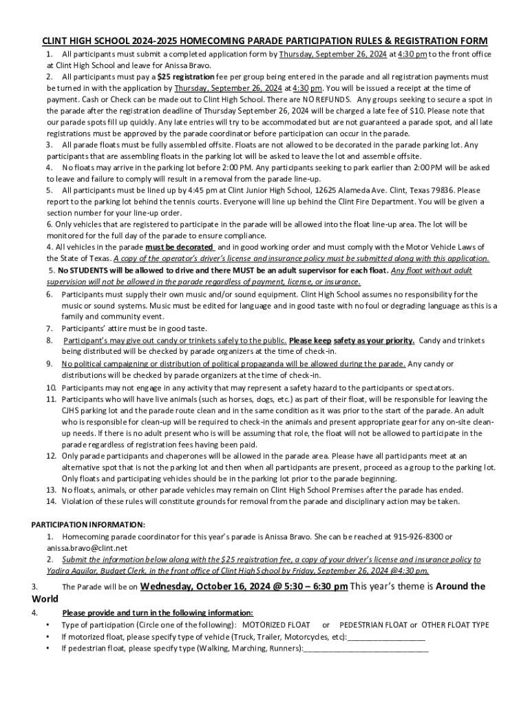 Fillable Online CLINT HIGH SCHOOL 2024-2025 HOMECOMING PARADE PARTICIPATION RULES & REGISTRATION ...