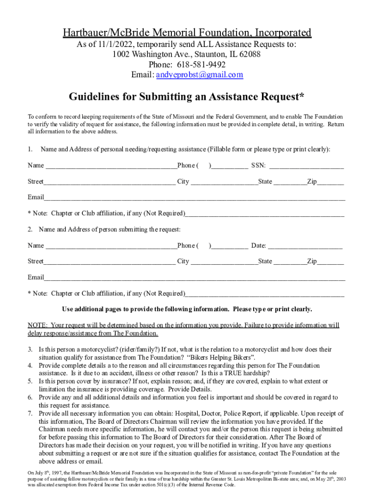 Fillable Online Hartbauer/mcbride Memorial Foundation Assistance ...