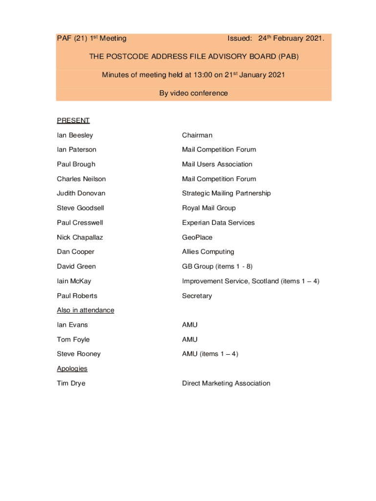 Fillable Online Postcode Address File Advisory Board Minutes - 21 ...