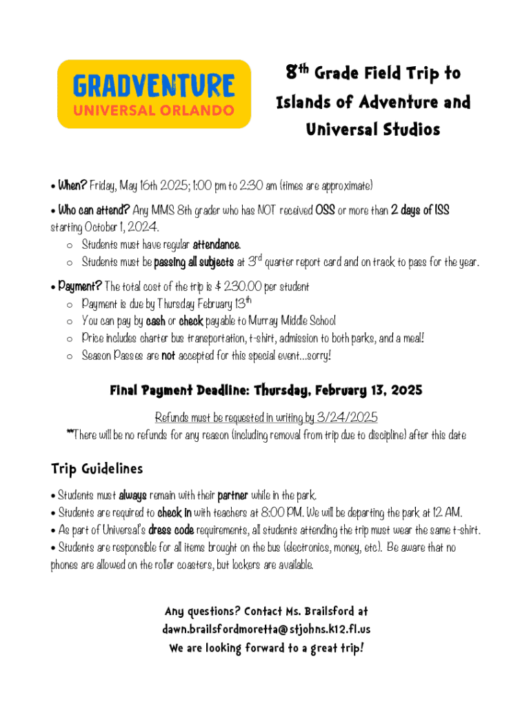 Fillable Online 8th Grade Gradventure Trip to Islands of Adventure and ...