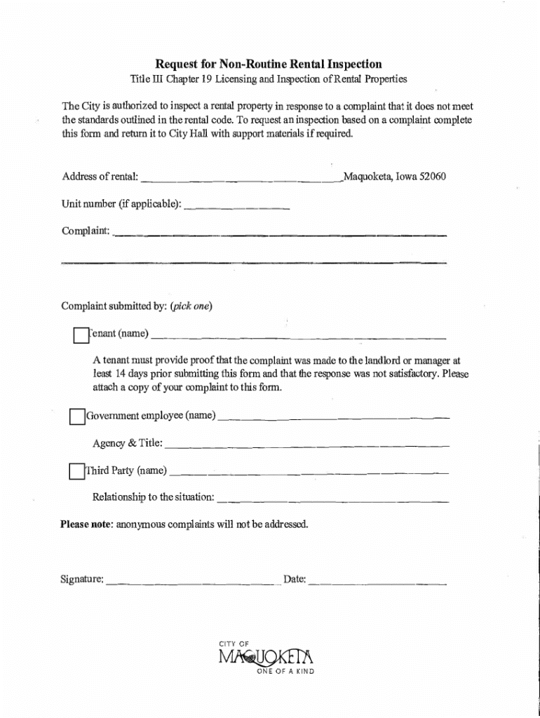 Fillable Online Request for Non-Routine Rental Inspection Fax Email ...