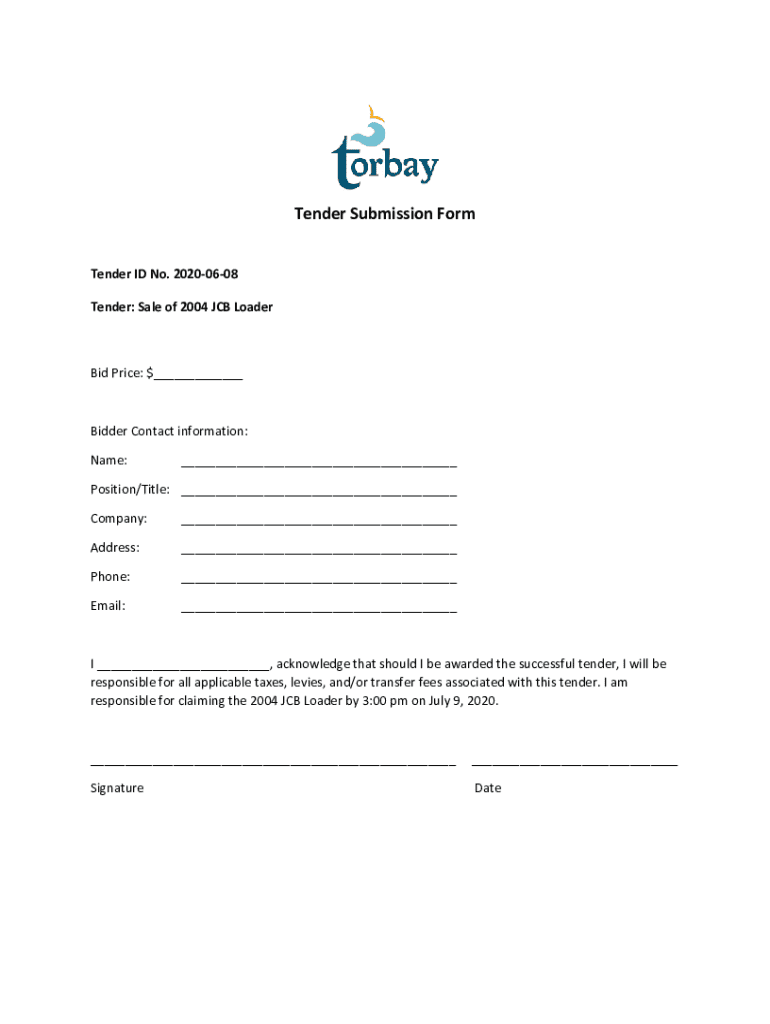 Fillable Online Tender Submission for Sale of 2004 Jcb Loader Fax Email ...