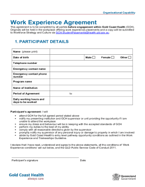 Fillable Online Organisational Capability - Work Experience Agreement ...