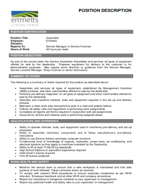 Fillable Online Position Description for Assembler at Emmetts Fax Email Print - pdfFiller