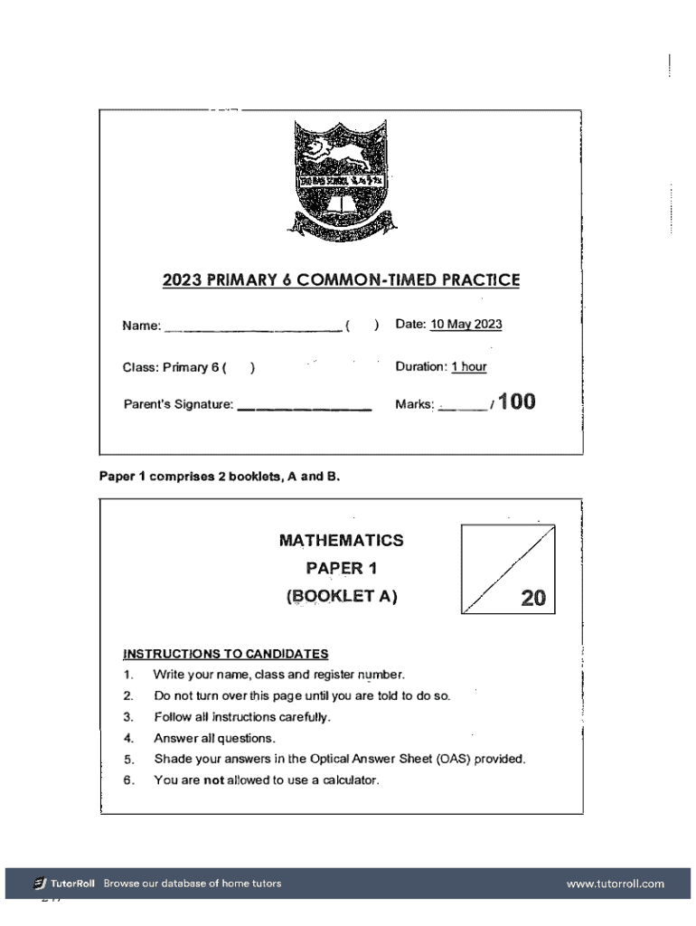 Fillable Online 2023 PRIMARY 6 COMMON-TIMED PRACTICE MATH EMA TICS ...