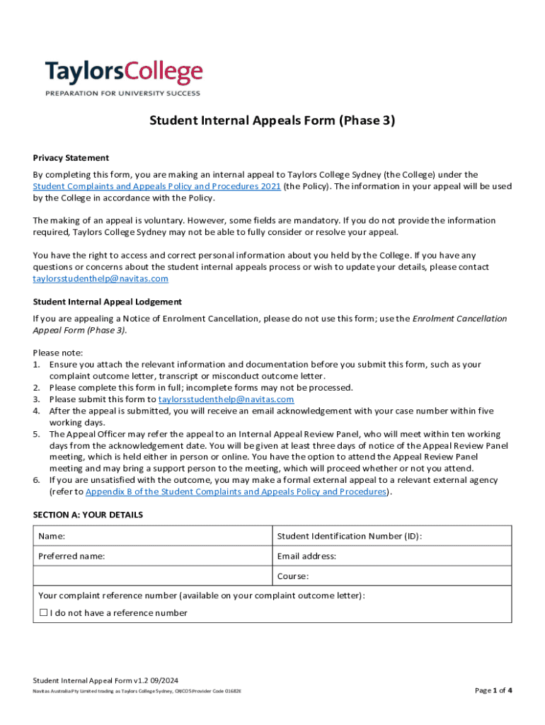 Fillable Online Student Internal Appeals Form (phase 3) Fax Email Print - pdfFiller