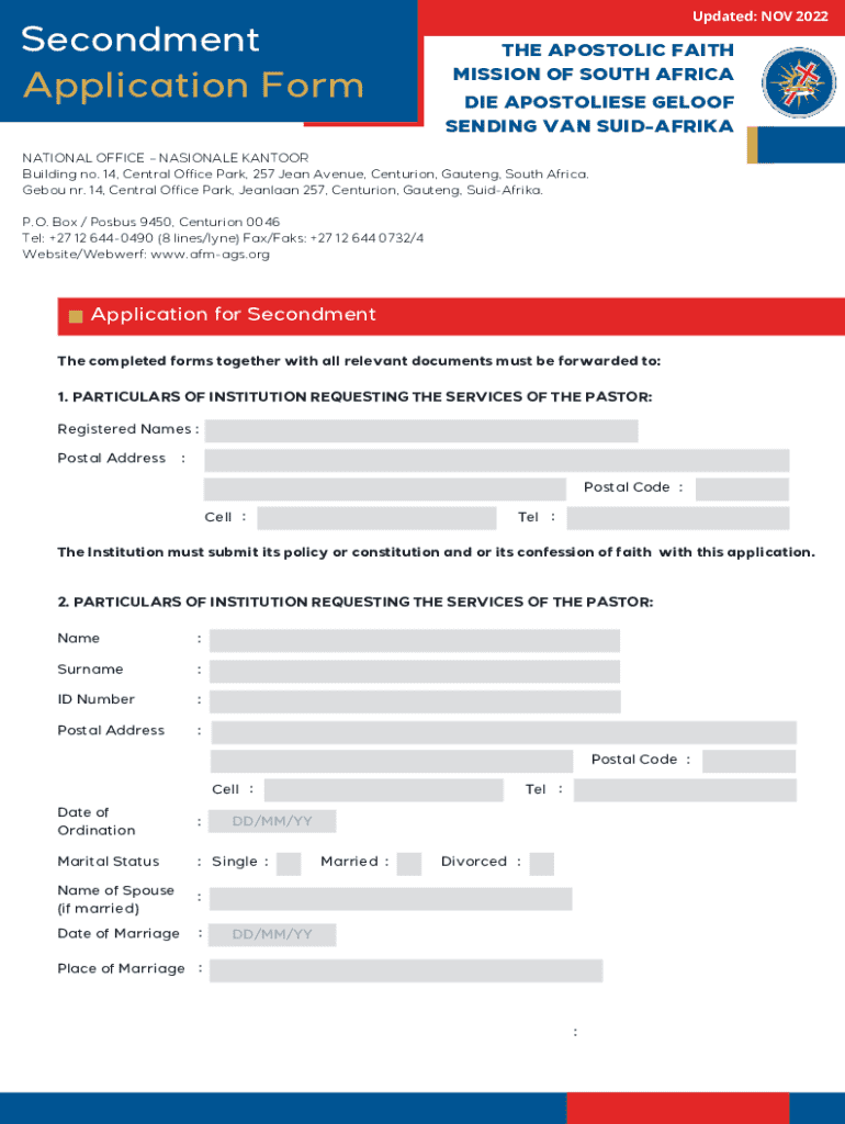 Fillable Online Secondment Application Form - the Apostolic Faith Mission of South Africa Fax ...