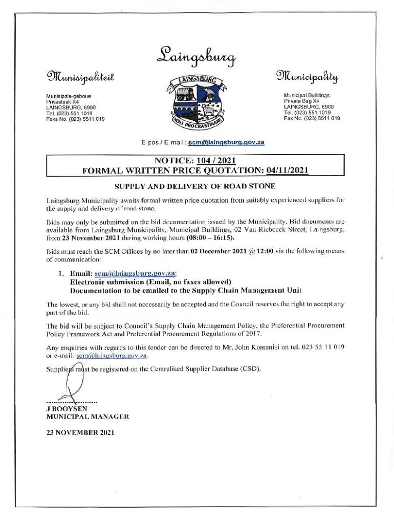 Fillable Online NOTICE: 98 I 2024 FORMAL WRITTEN PRICE QUOTATION Fax ...