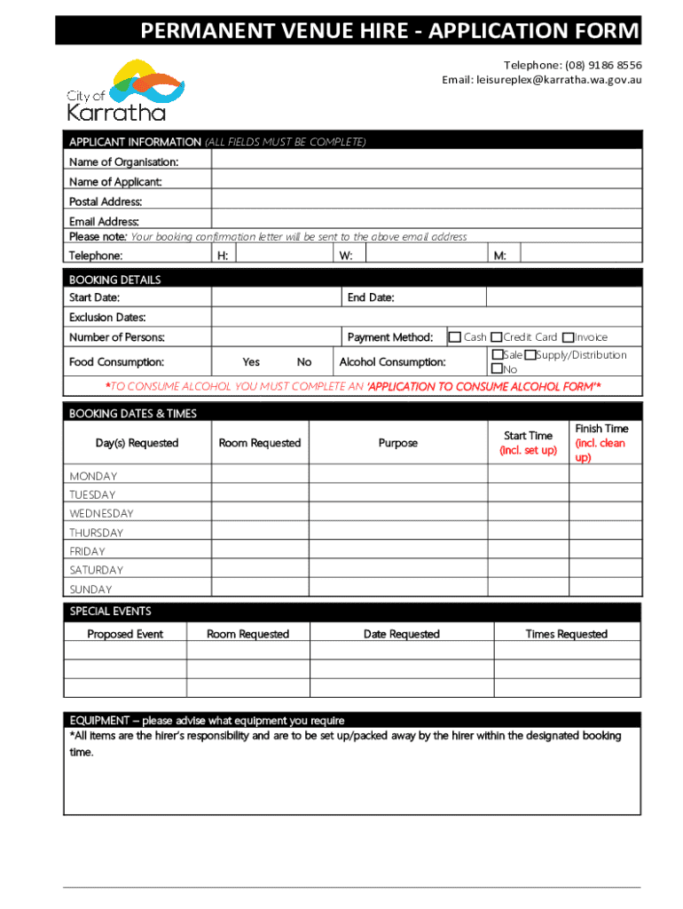 Fillable Online Application for Permanent Venue Hire at Karratha Leisureplex Fax Email Print ...