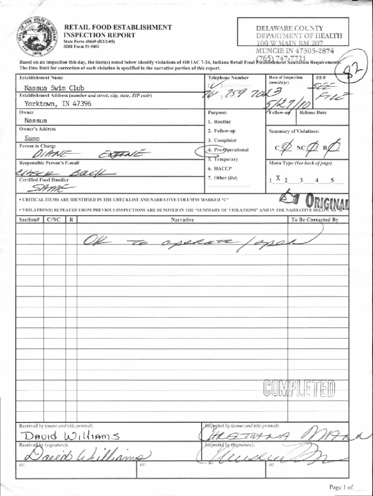 Fillable Online Delaware County Department of Health Inspection Report ...