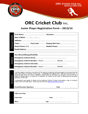 Fillable Online Orc Cricket Club Inc. Junior Player Registration Form ...