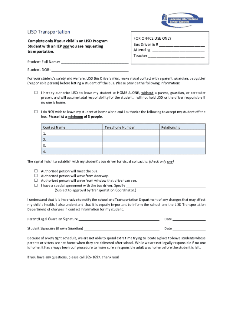 Fillable Online Lisd Transportation Request for Program Students Fax Email Print - pdfFiller