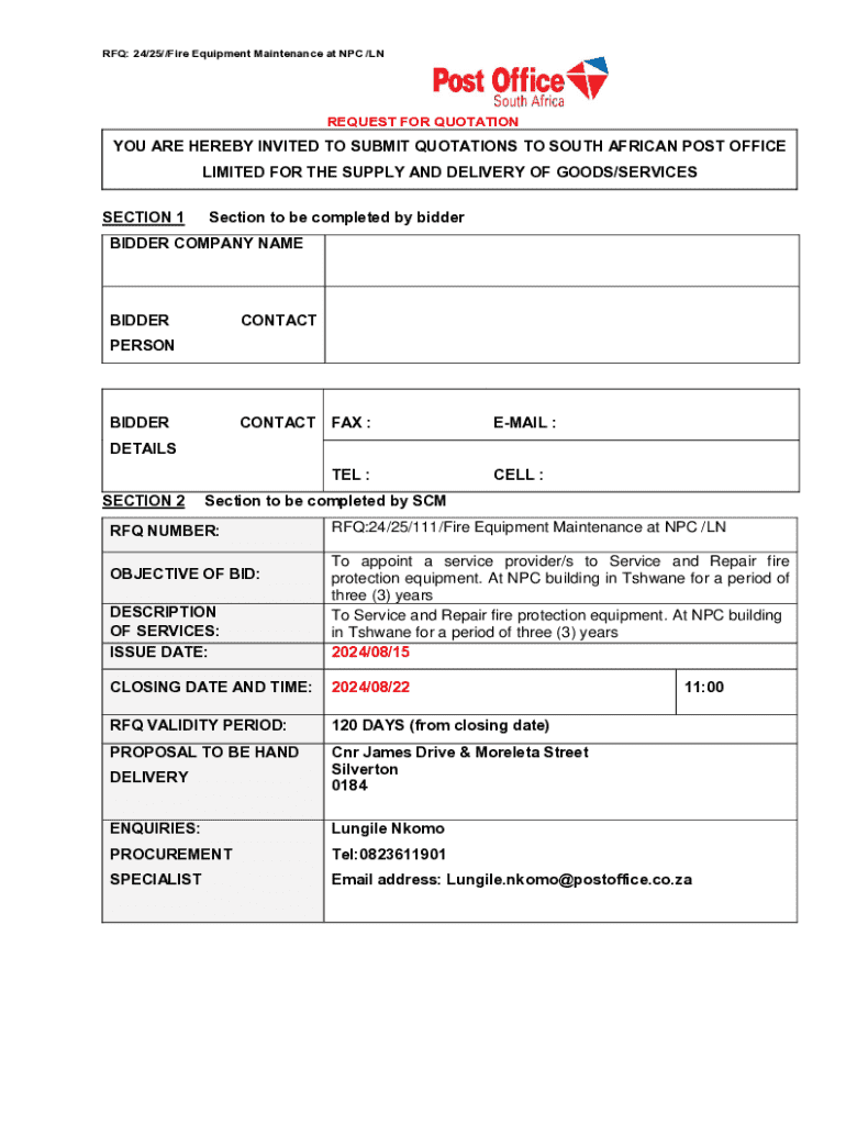 Fillable Online RFQ: 24/25//Fire Equipment Maintenance at NPC /LN Fax ...