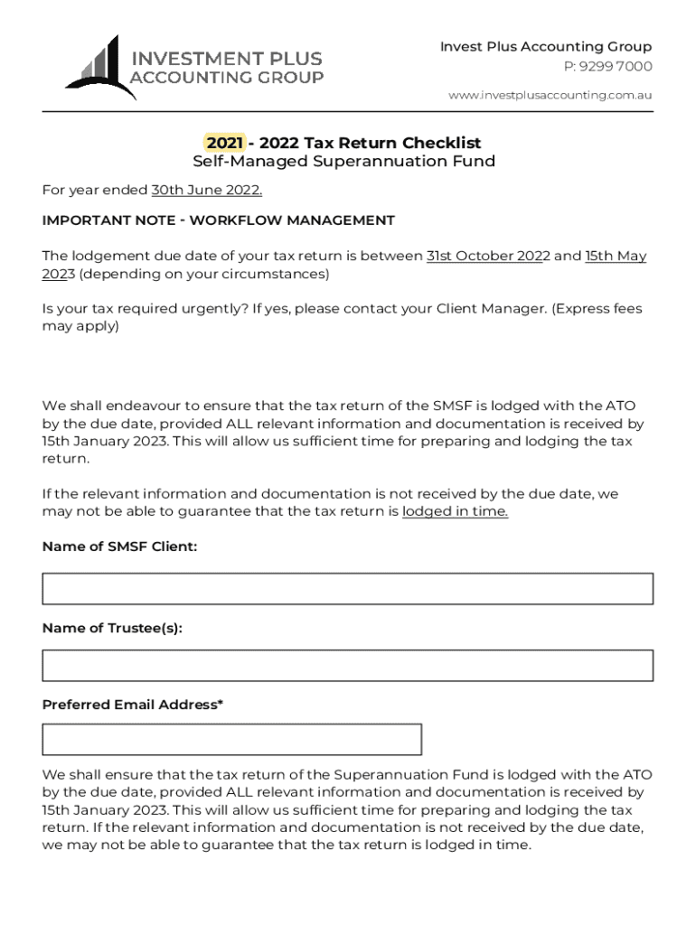 Fillable Online Self-managed Superannuation Fund Tax Return Checklist ...