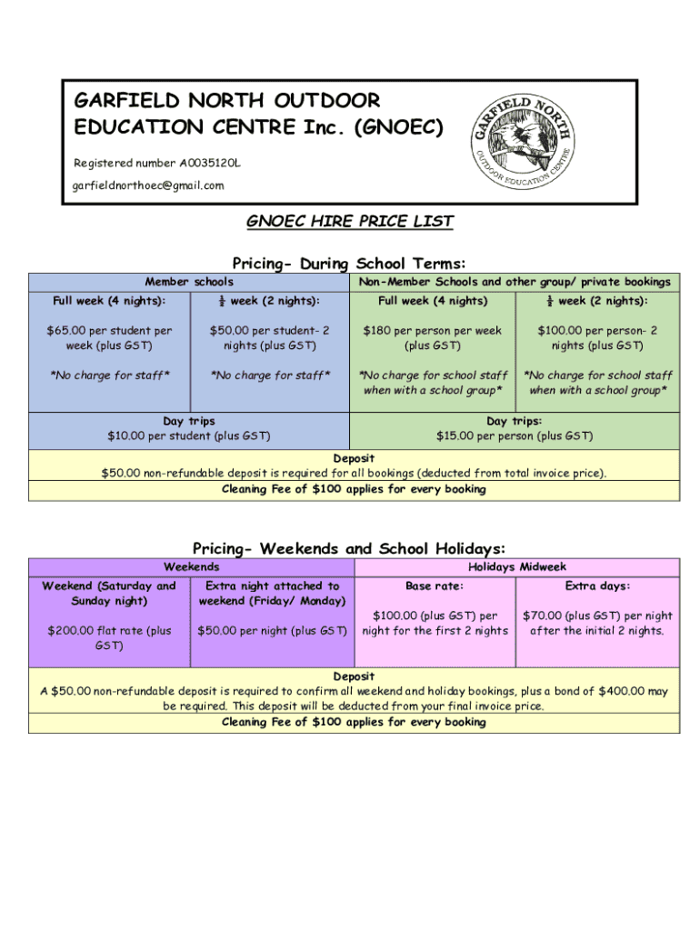 Fillable Online Garfield North Outdoor Education Centre Hire Price List ...