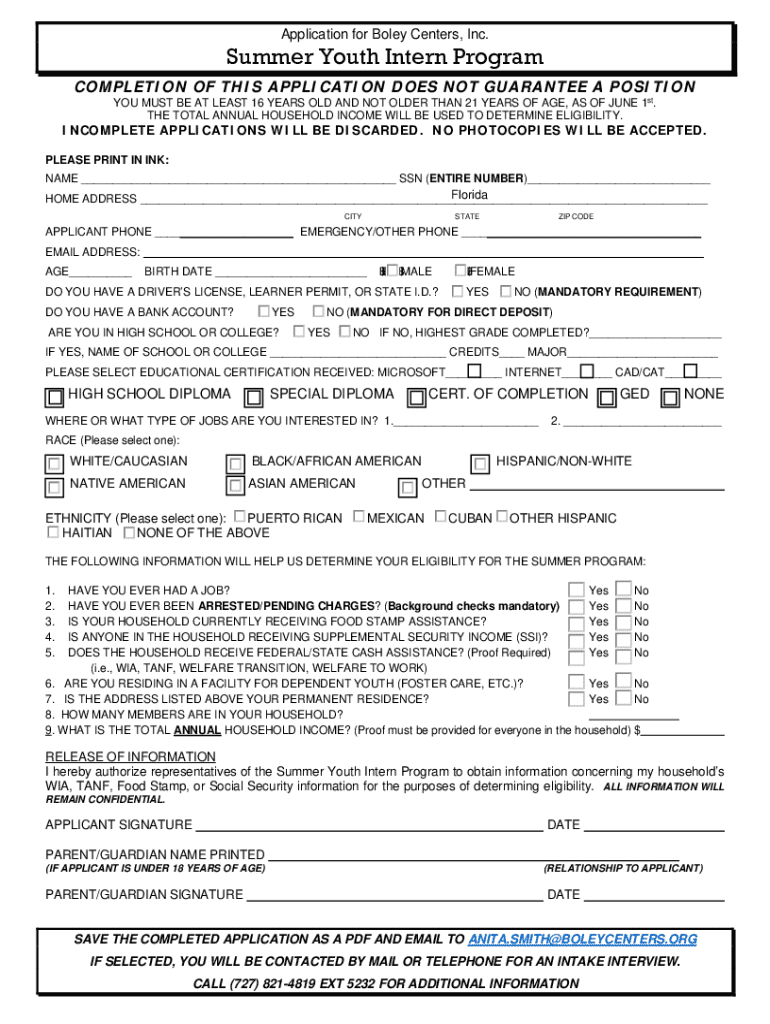 Fillable Online Summer Youth Intern Program Application Fax Email Print ...