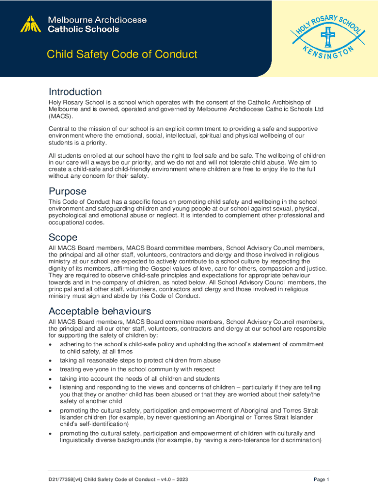 Fillable Online Child Safety Code of Conduct - Melbourne - Holy Rosary ...