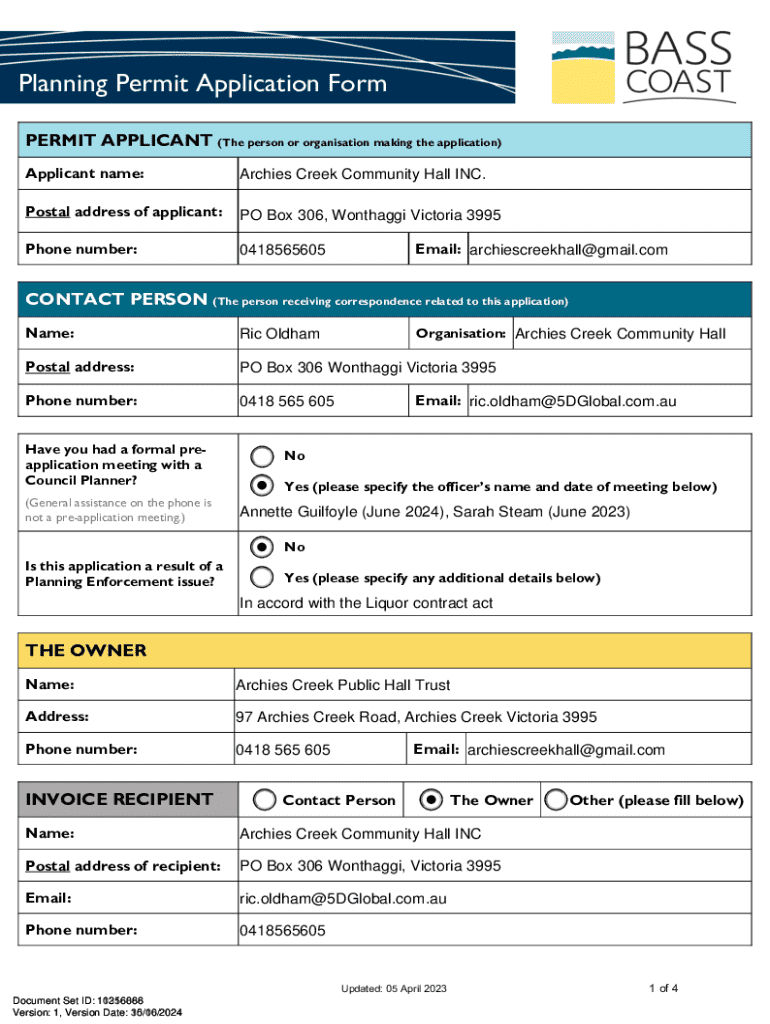 Fillable Online Planning Permit Application for Archies Creek Community ...