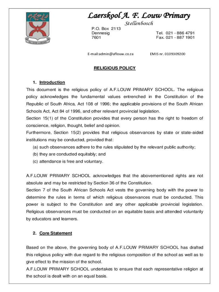 Fillable Online Religious Policy of a.f.louw Primary School Fax Email ...