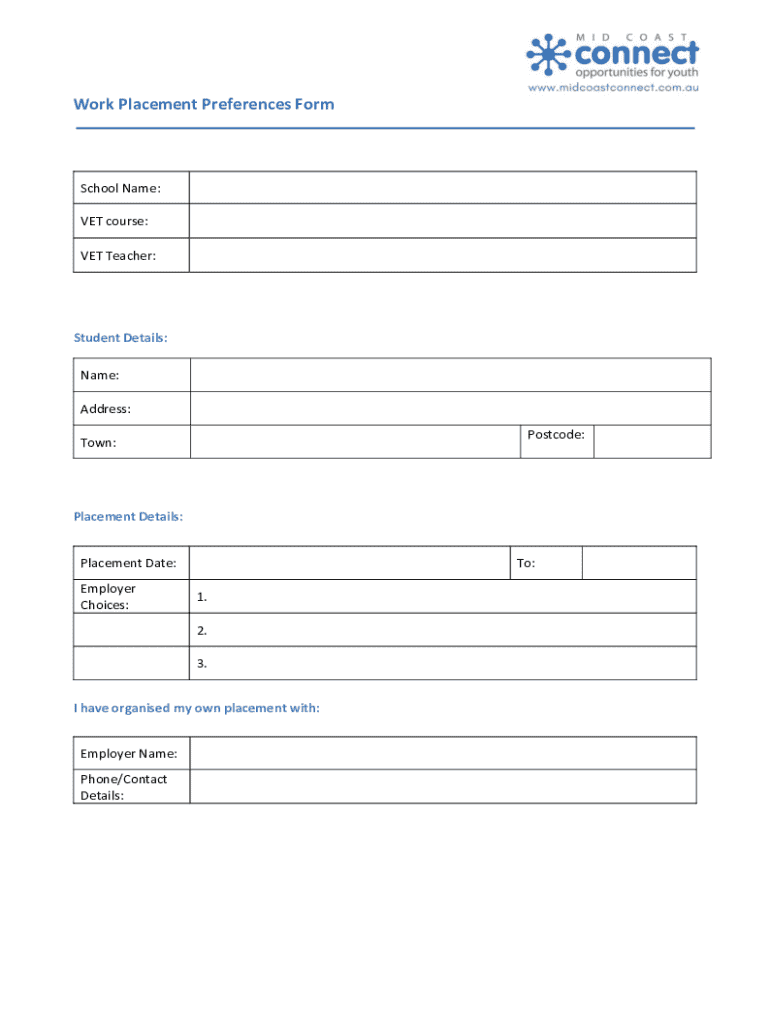 Fillable Online Work Placement Preferences Form Fax Email Print - pdfFiller