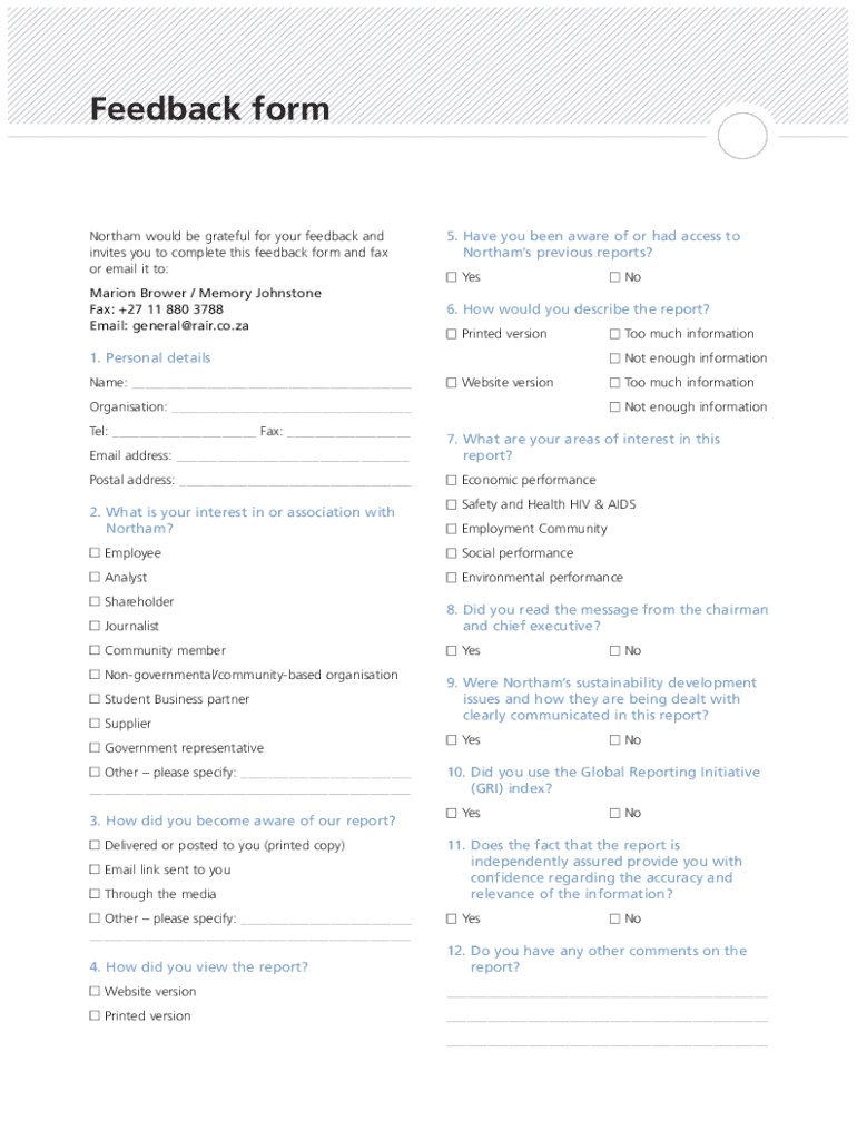 Fillable Online Northam Feedback Form Fax Email Print - pdfFiller
