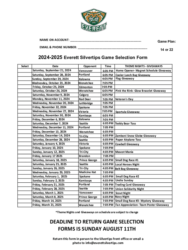 Fillable Online 2024-2025 Everett Silvertips Game Selection Form Fax ...