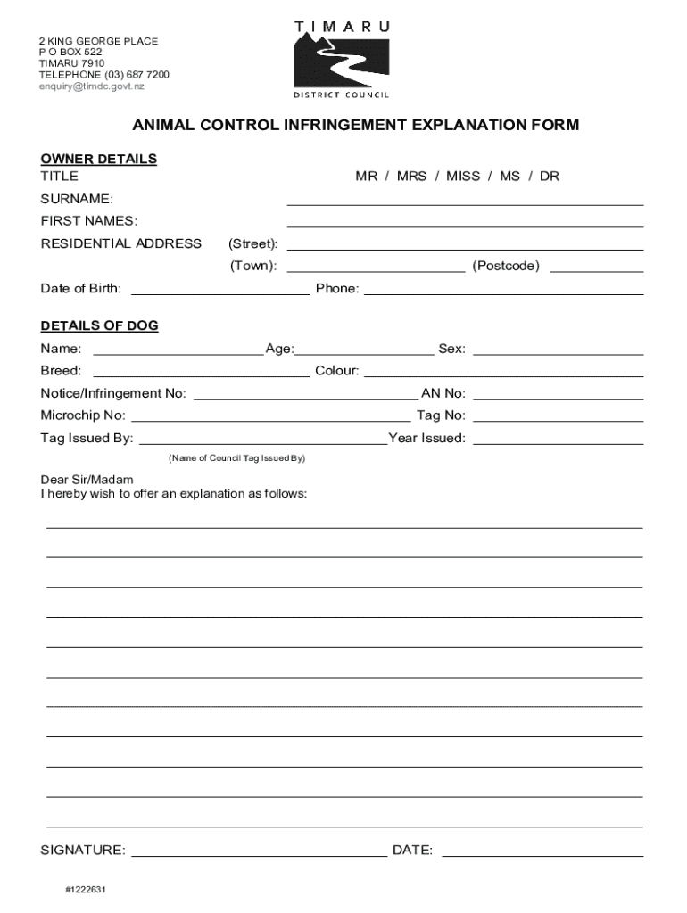 Fillable Online Animal Control Infringement Explanation Form Fax Email ...