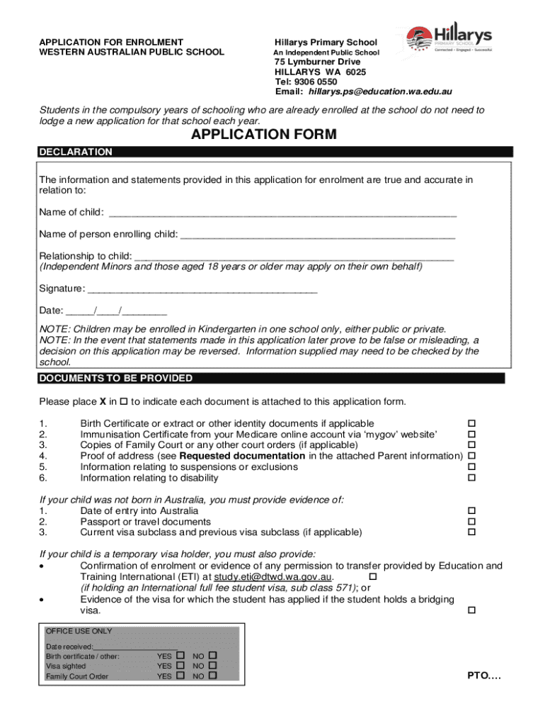 Fillable Online Enrolment Application for Hillarys Primary School Fax Email Print - pdfFiller