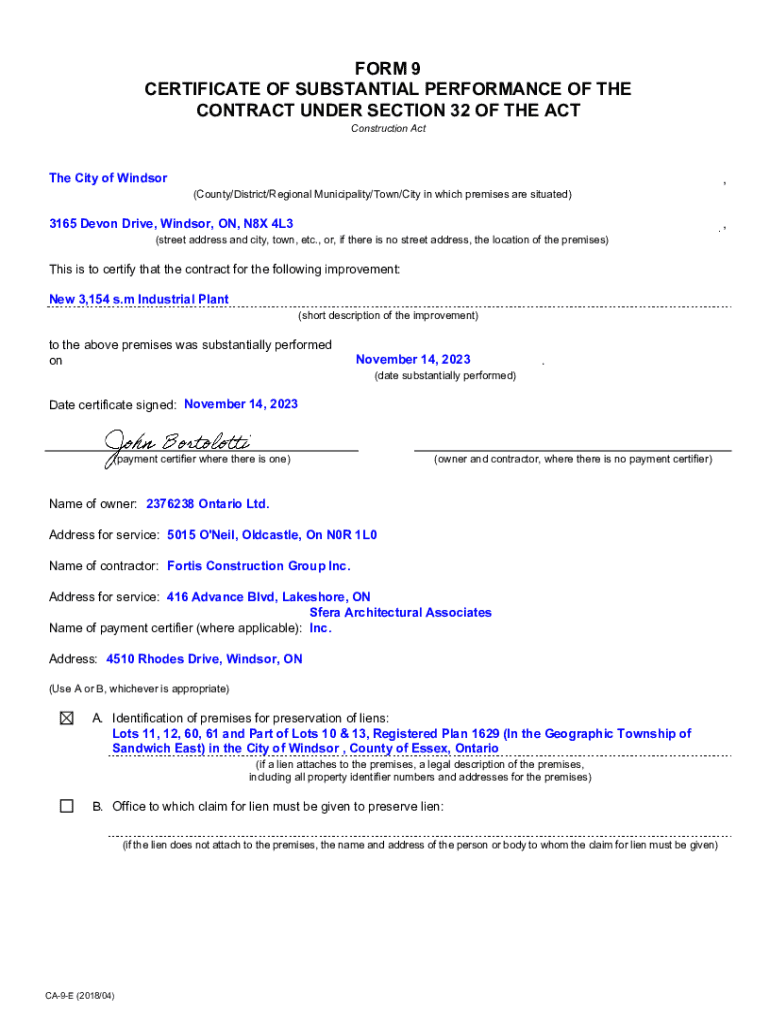 Fillable Online Certificate of Substantial Performance of the Contract ...