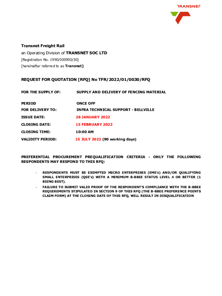 Fillable Online Transnet Freight Rail Rfq for Fencing Material Fax ...
