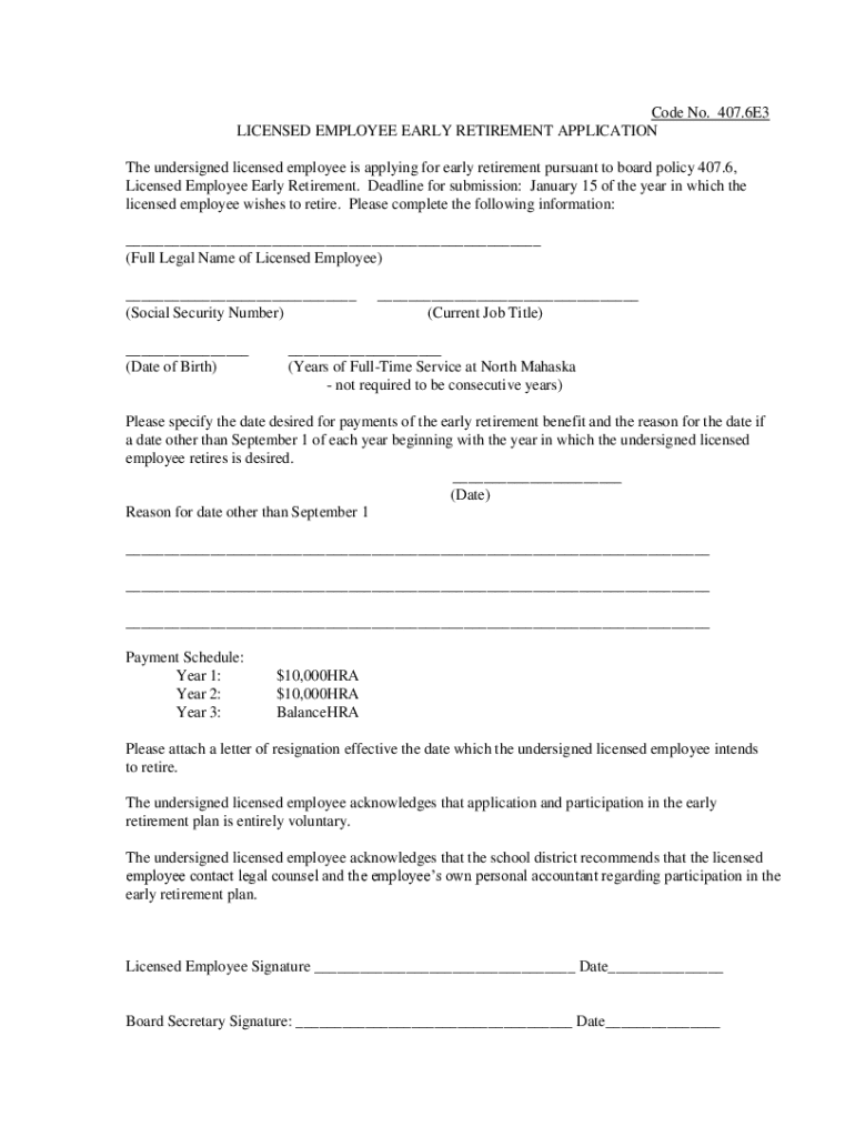 Fillable Online Licensed Employee Early Retirement Application Fax ...