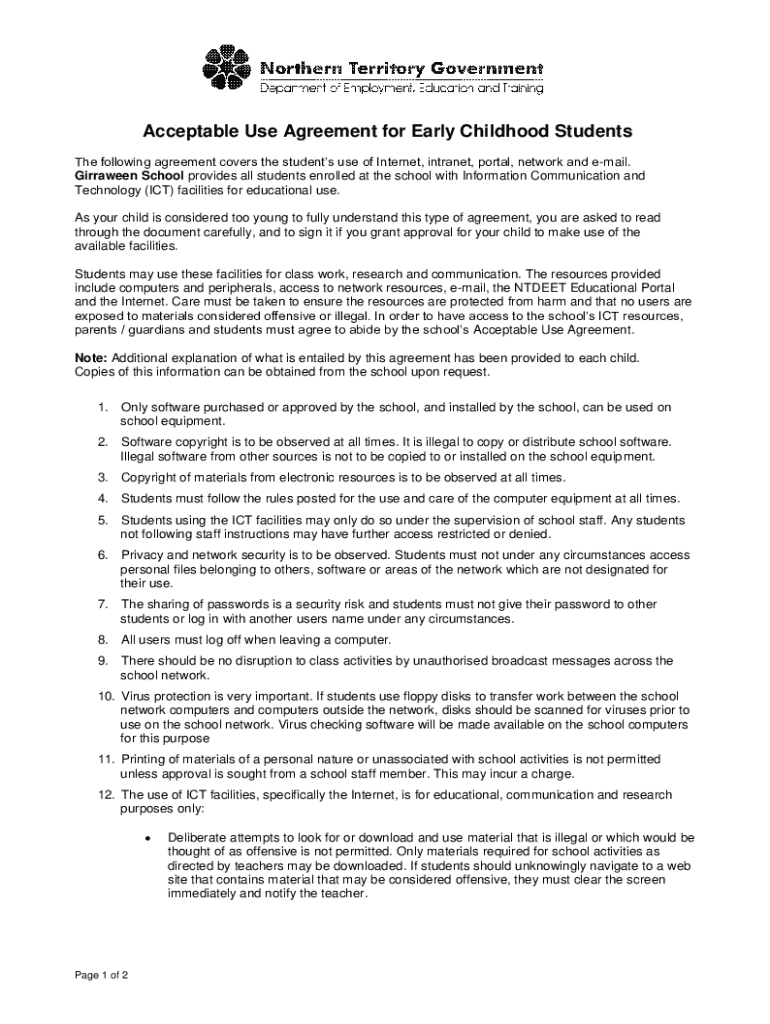 Fillable Online Acceptable Use Agreement for Early Childhood Students ...