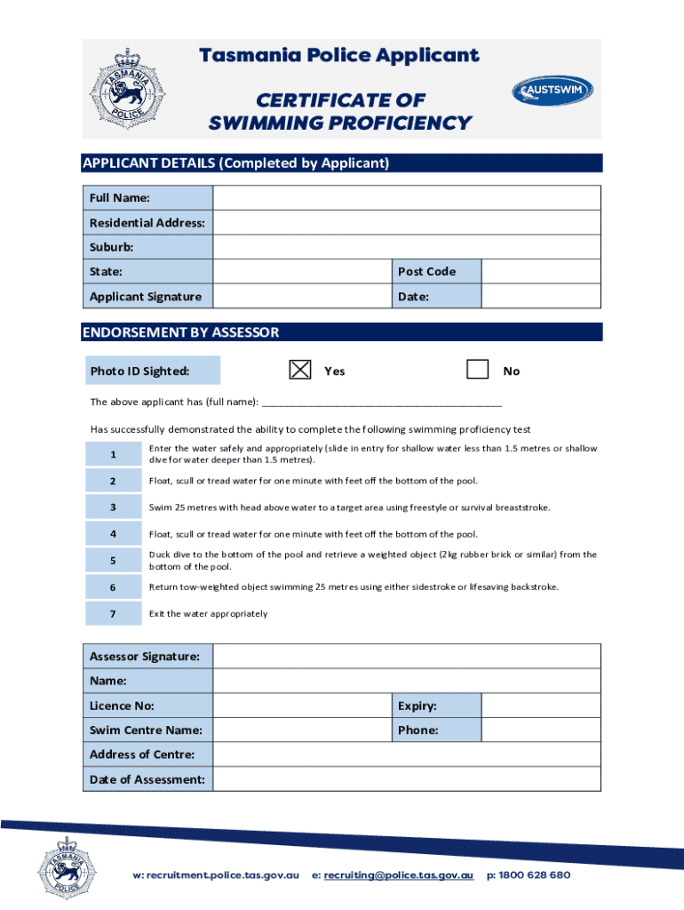 Fillable Online Certificate of Swimming Proficiency Fax Email Print ...